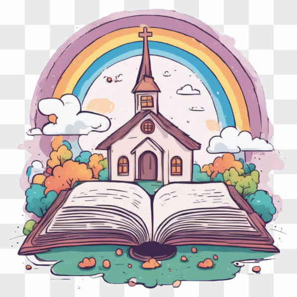 Download Whimsical Church on an Open Book with Rainbow Cartoons Online ...