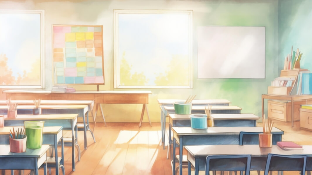 Baixe Sala de aula iluminada com material de escritório colorido ...