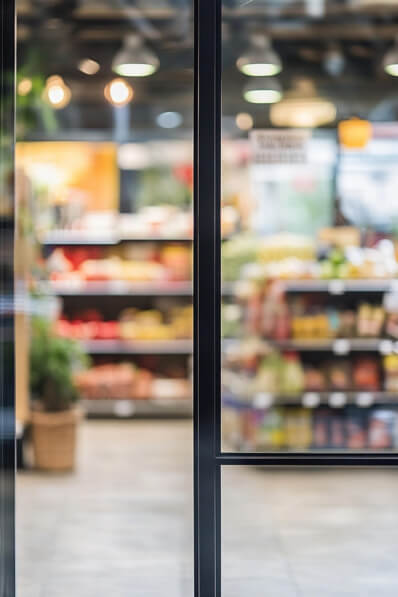 Download Grocery Store Interior Visible Through Glass Entrance Mockups ...