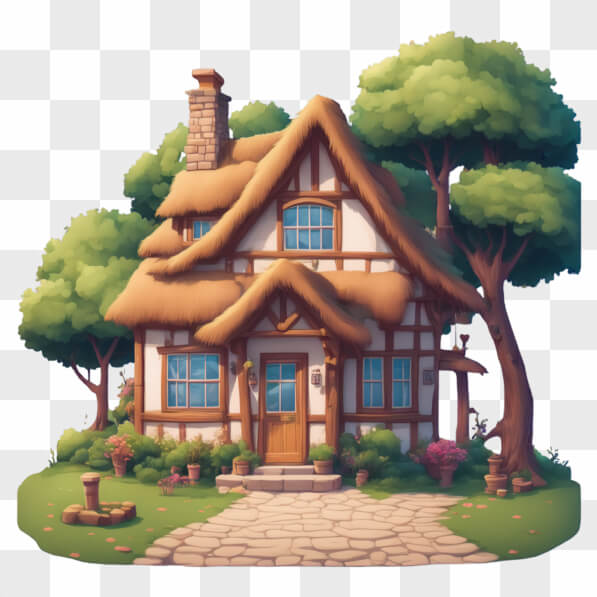 Download Charming Thatched Roof House Surrounded by Trees Cartoons ...