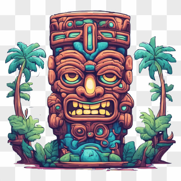 Download Tiki Statue Surrounded by Tropical Foliage Cartoons Online ...