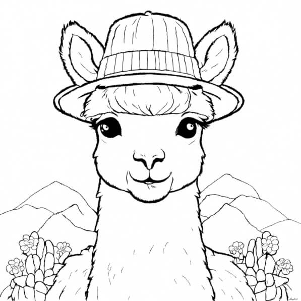 Download Llama with Hat in Mountainous Landscape Coloring pages Online ...
