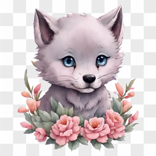 Download Cute Gray Fox Character Surrounded by Flowers Cartoons Online ...