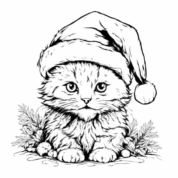 Download Cute Cat in Santa Hat Coloring pages Online - Creative Fabrica