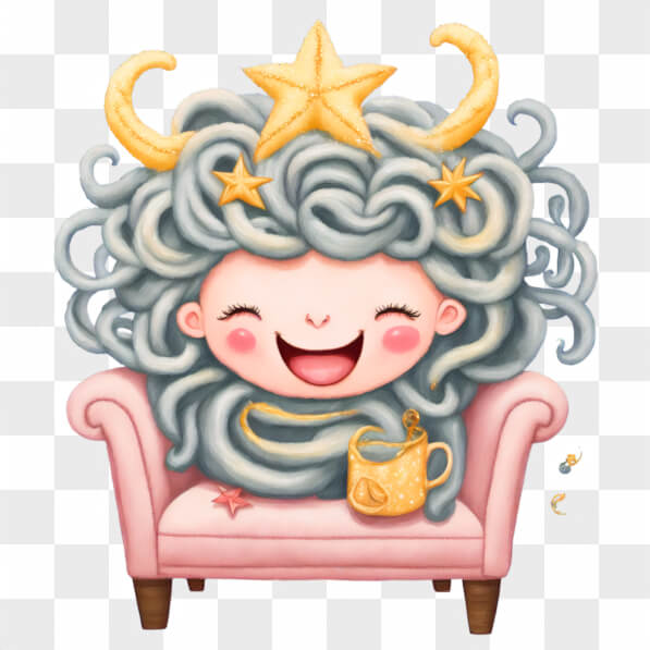 Download Kawaii Character Sitting on Pink Armchair with Celestial ...