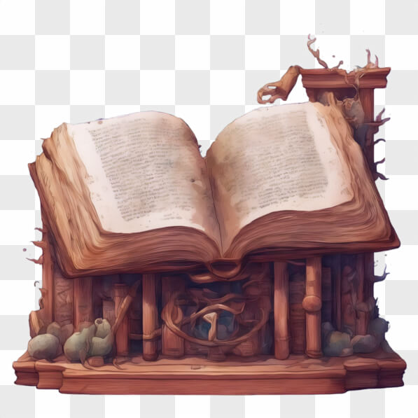 Descarga Abrir libro antiguo en soporte de madera con elementos ...