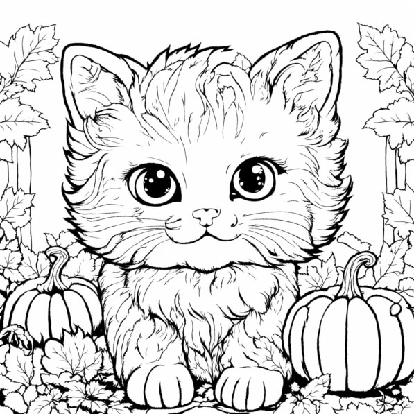 Download Cute Cartoon Cat Surrounded by Pumpkins and Leaves Coloring ...