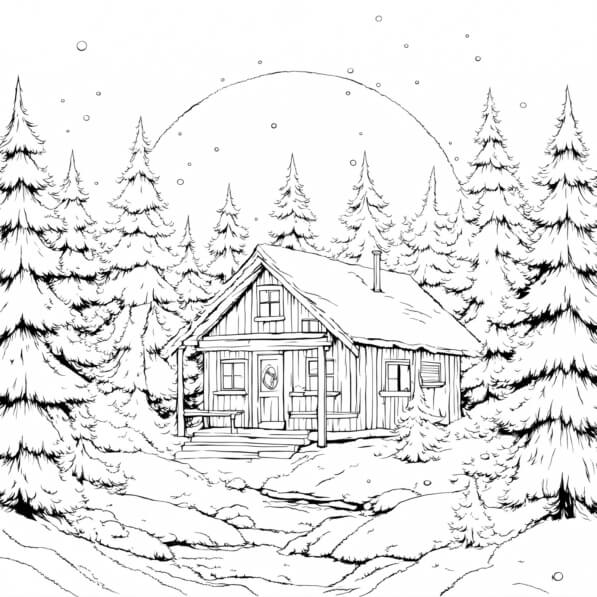 Download Winter Cabin in a Snowy Forest Coloring pages Online ...