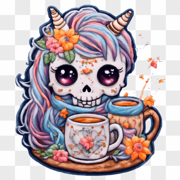 Descarga Personaje de calavera kawaii con cabello colorido y tazas ...