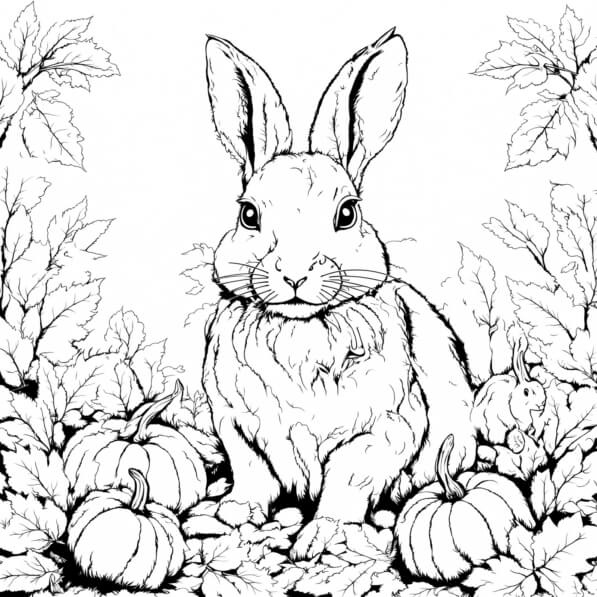 Download Illustration of a Rabbit with Pumpkins and Leaves Coloring ...