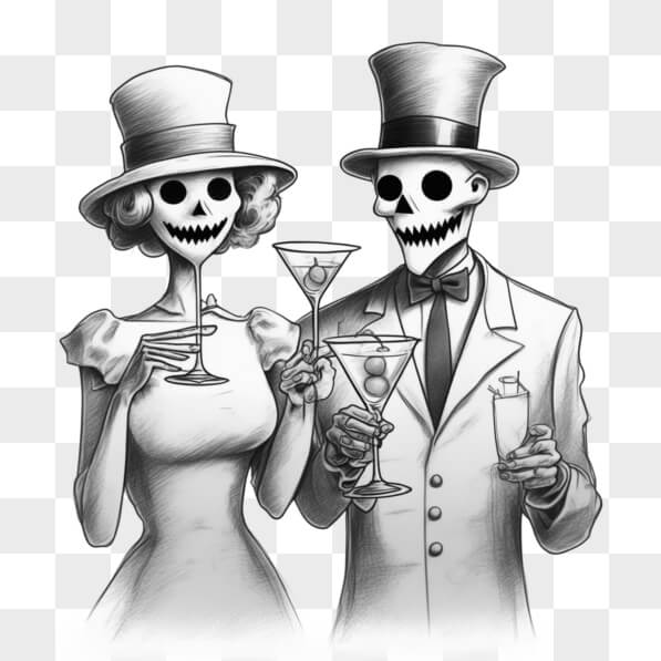 Download Elegant Skeleton Couple Celebrating with Drinks Sketches ...