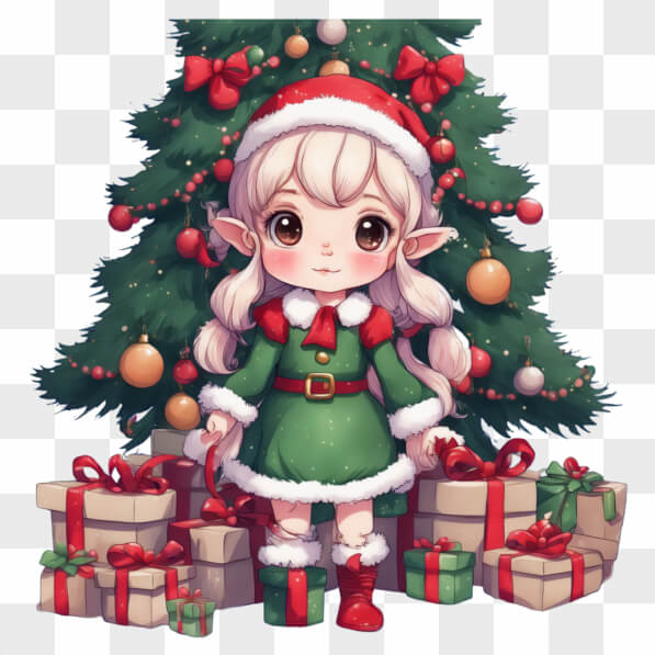Descarga Linda chica elfa frente al árbol de Navidad con regalos ...