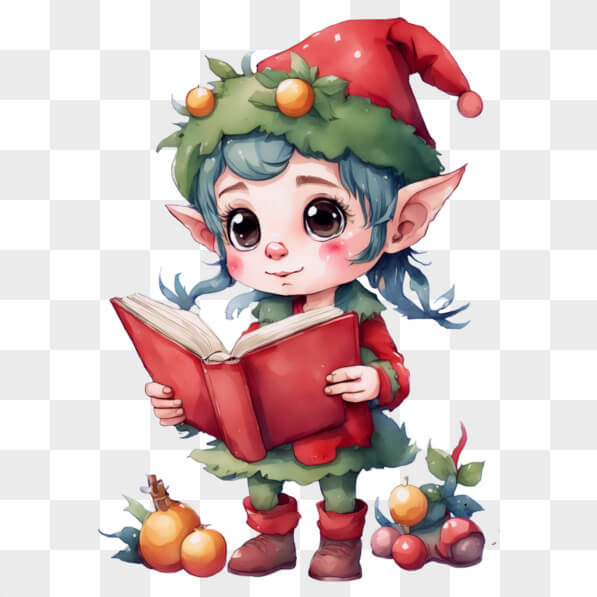 Download Whimsical Elf Reading a Book Cartoons Online - Creative Fabrica