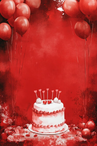 Baixe Bolo Festivo com Balões Vermelhos Backgrounds - Creative Fabrica