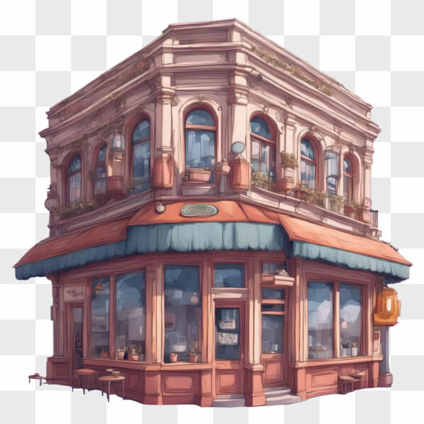 Download Charming Café Building Corner with Orange Awning Cartoons ...