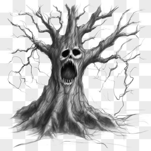 Download Haunted Tree with Skull Face Sketches Online - Creative Fabrica