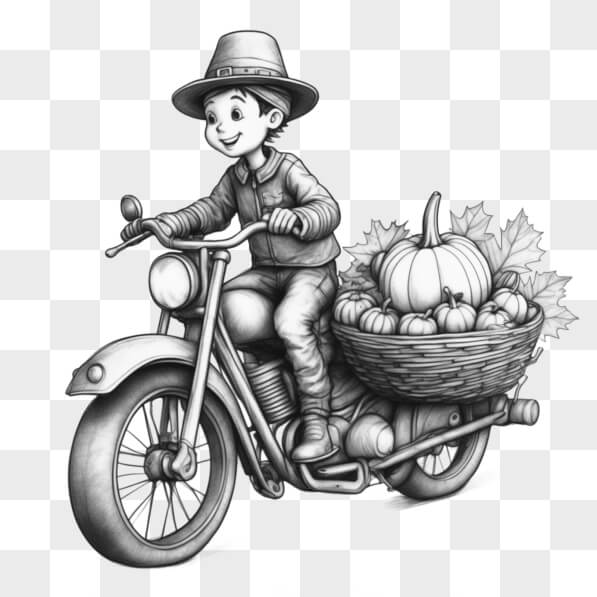Download Cheerful Boy Riding a Motorcycle with Pumpkins Sketches Online ...