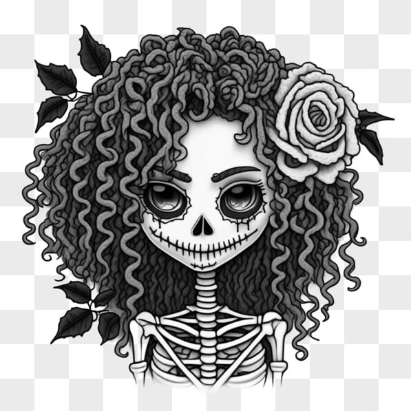 Download Stylized Skeleton with Curly Hair and Rose Sketches Online ...