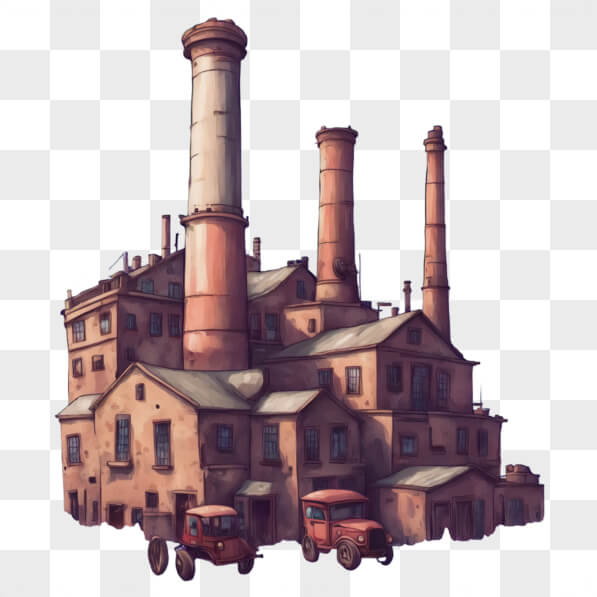 Download Vintage Industrial Factory with Red Trucks Cartoons Online ...