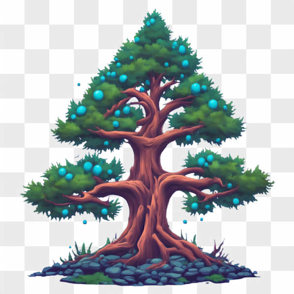 Download Whimsical Tree with Blue Orbs Cartoons Online - Creative Fabrica