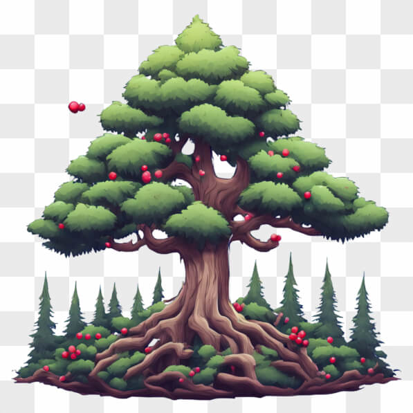 Download Stylized Tree with Red Fruits in a Forest Setting Cartoons ...