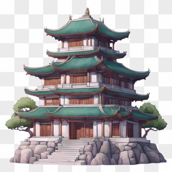 Download Traditional Pagoda with Green Roof and Rocky Base Cartoons ...