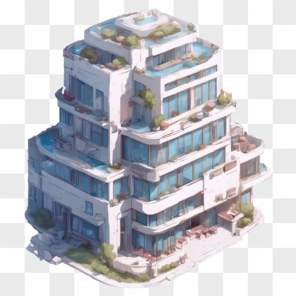 Download Modern Multi-Tiered Building with Greenery and Pools Cartoons ...