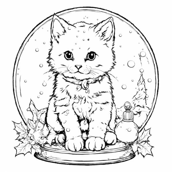 Download Kitten in a Snow Globe Coloring pages Online - Creative Fabrica