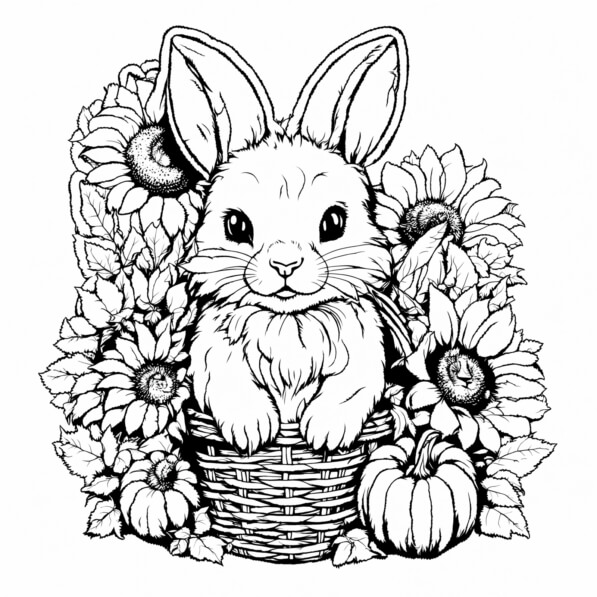 Download Rabbit in a Basket with Sunflowers and Pumpkins Coloring pages ...