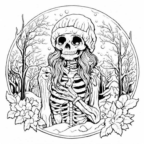 Download Skeleton in Winter Scene Coloring pages Online - Creative Fabrica