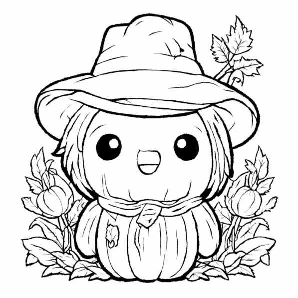 Download Cheerful Scarecrow with Pumpkins Coloring pages Online ...