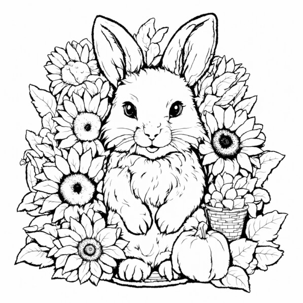 Download Cute Rabbit Surrounded by Sunflowers and Fall Decor Coloring ...