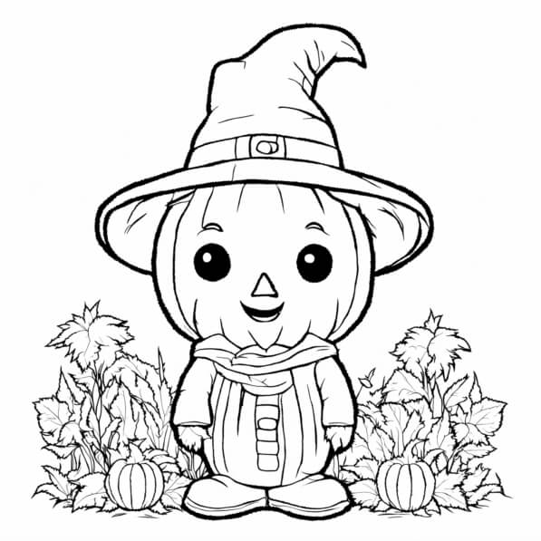 Download Cheerful Scarecrow with Pumpkins Coloring pages Online ...