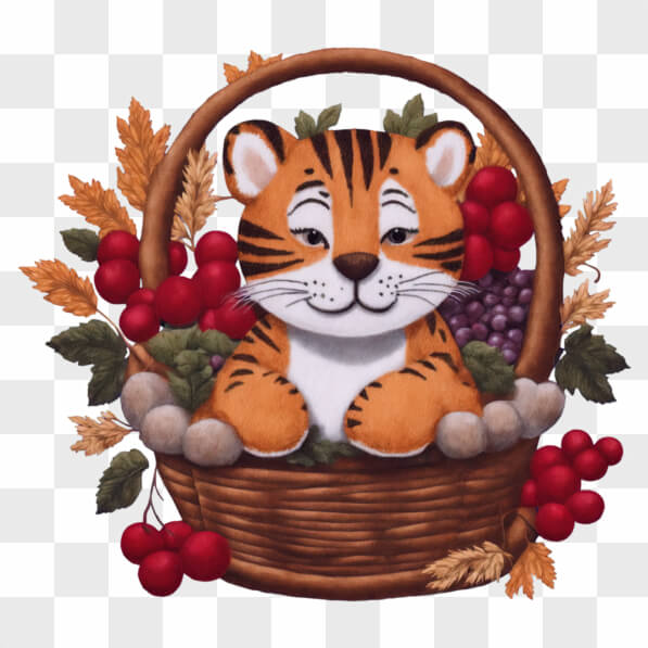 Download Playful Cartoon Tiger in a Basket with Fruits and Foliage ...