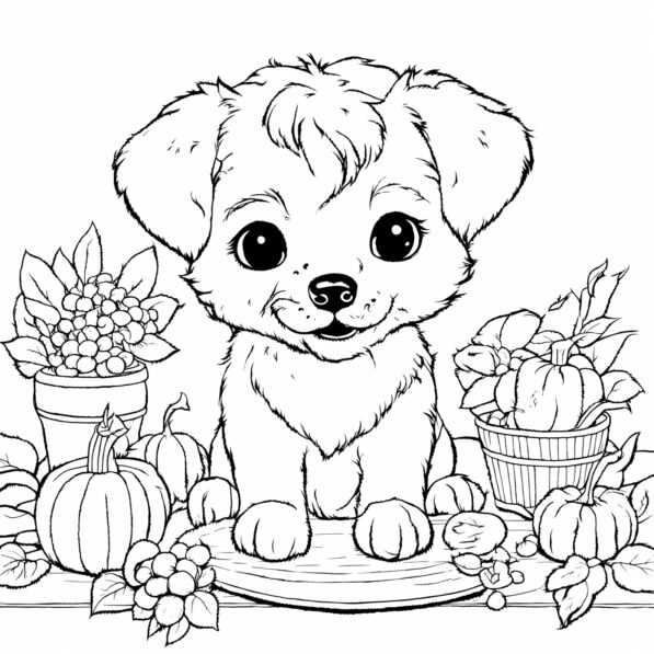 Download Cute Puppy Surrounded by Autumn Decorations Coloring pages ...