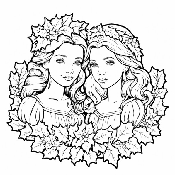 Download Artistic Portrait of Two Women with Holly Leaves Coloring ...