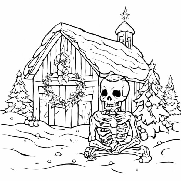 Download Skeletal Holiday Scene with Cabin and Christmas Trees Coloring ...