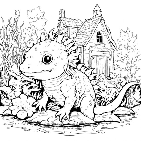 Download Whimsical Axolotl Creature in Fantasy Landscape Coloring pages ...