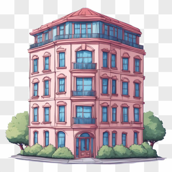 Descarga Encantador edificio rosa con balcones y vegetación Cartoons En Línea - Creative Fabrica