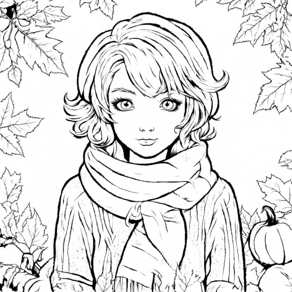 Download Autumn-themed Line Art Illustration of a Girl Coloring pages ...