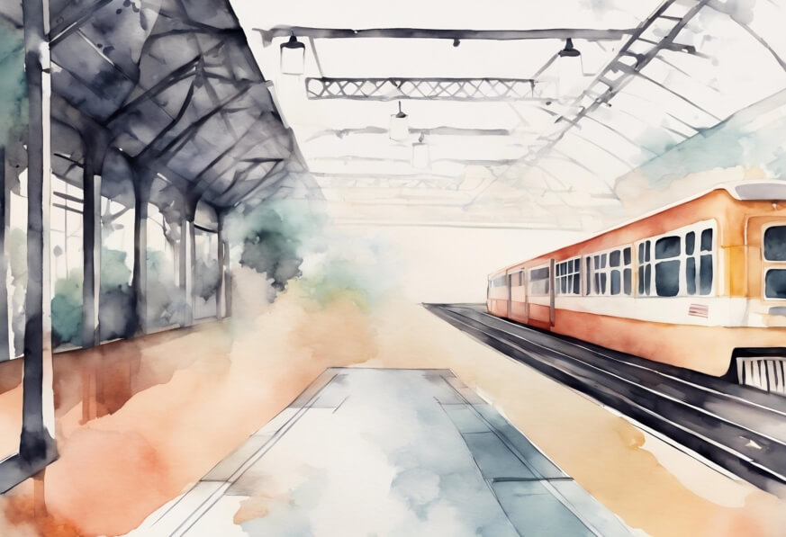 Download Watercolor Train Station with Orange Train Backgrounds Online ...