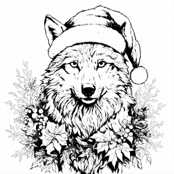 Descarga Lobo con gorro de Santa y follaje navideño Páginas para ...