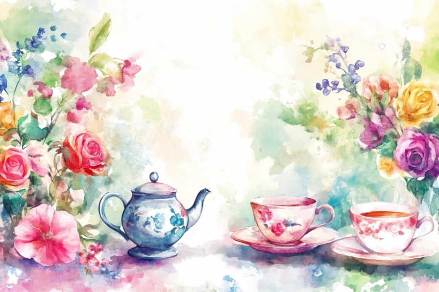 Download Watercolor Teapot and Cups with Floral Background Backgrounds ...