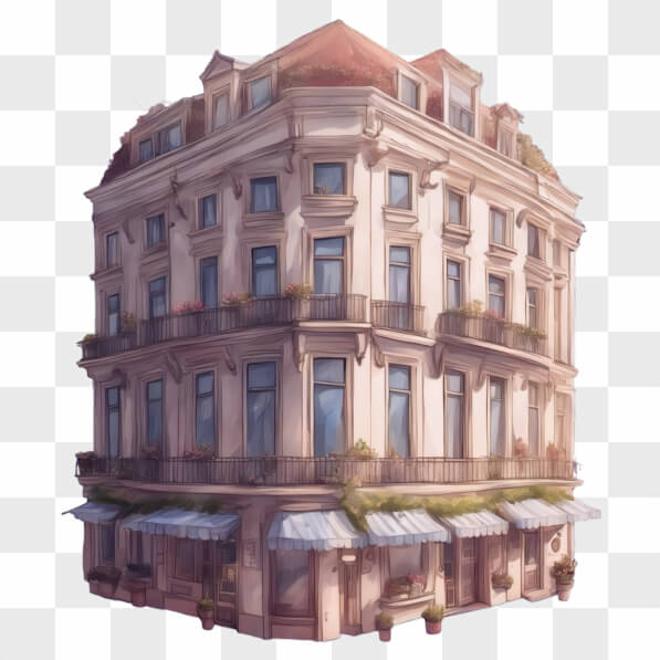 Download Charming Corner Building with Balconies and Storefronts ...