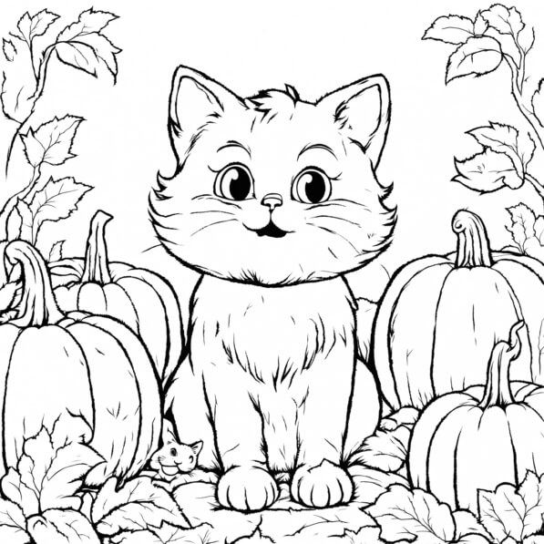 Download Cartoon Cat Among Pumpkins Coloring pages Online - Creative ...