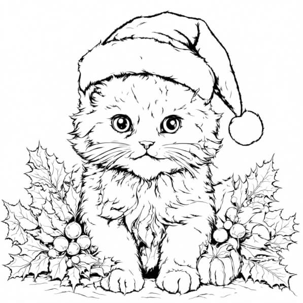 Télécharger Chat de Noël dans un chapeau de Santa Pages de coloriage En ...