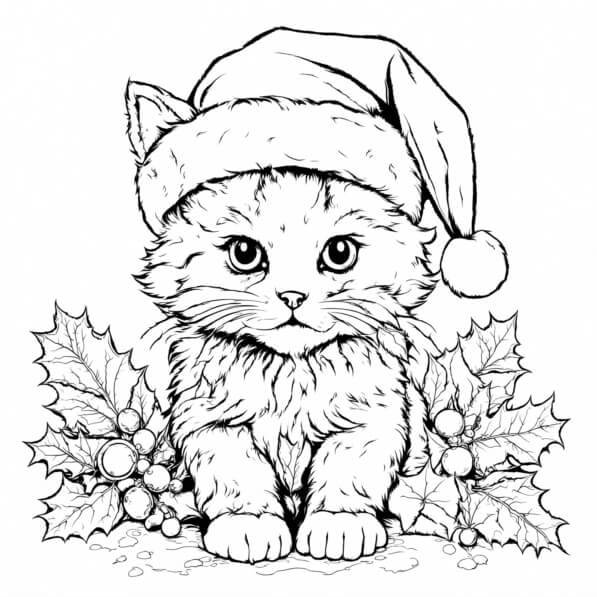 Download Cute Christmas Cat with Santa Hat Coloring pages Online ...