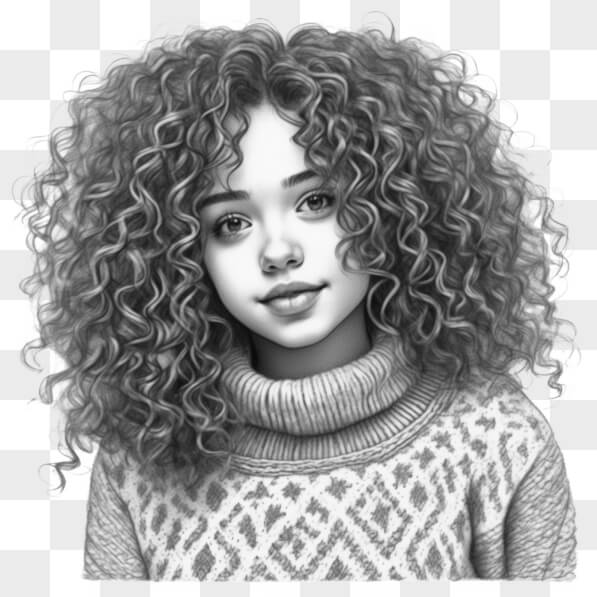 Descarga Retrato de una niña joven con cabello rizado Bocetos En Línea - Creative Fabrica