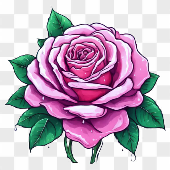 Download Illustrated Pink Rose with Green Leaves Cartoons Online ...