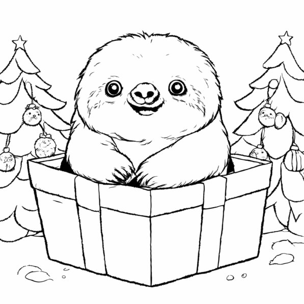 Download Cheerful Sloth in a Gift Box with Christmas Trees Coloring ...